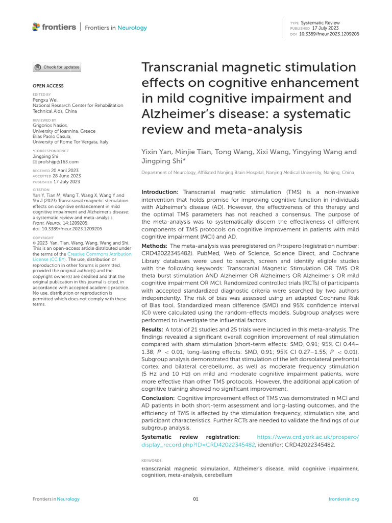 Transcranial Magnetic Stimulation Effects On Cognitive Enhancement in Mild Cognitive Impairment ...