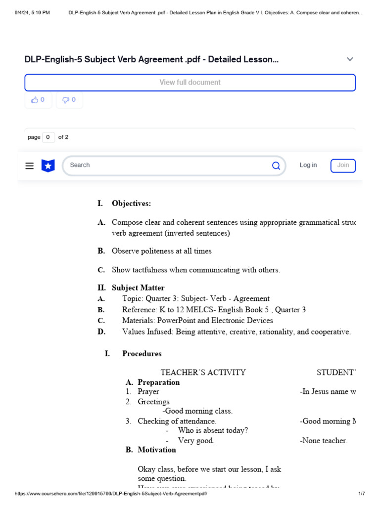DLP-English-5 Subject Verb Agreement .PDF - Detailed Lesson Plan in English Grade v I ...