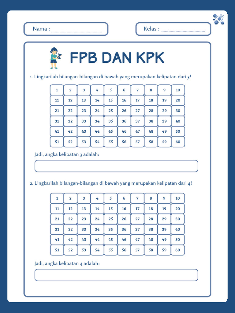 FPB Dan KPK Lembar Kerja Matematika Numerasi Dalam Biru Ilustratif | PDF