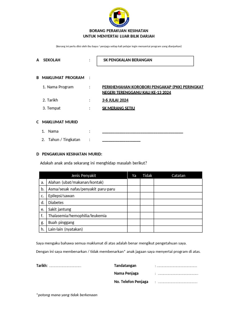 Borang Deklarasi Kesihatan Pelajar | PDF