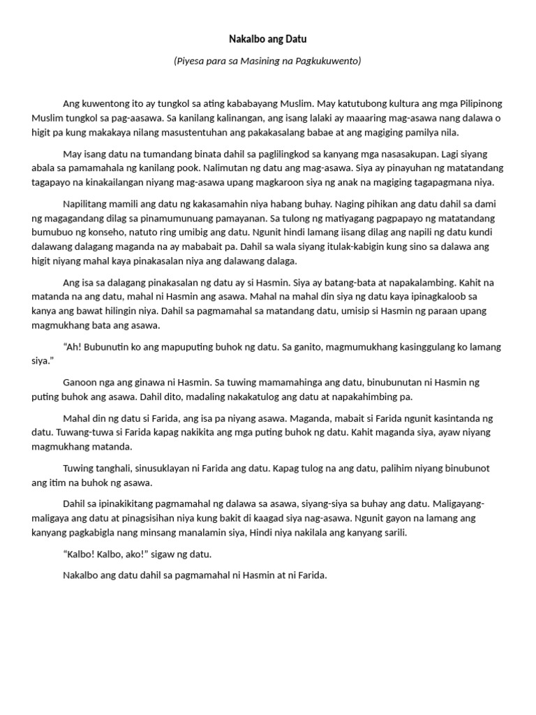 Nakalbo Ang Datu - Piyesa para Sa Masining Na Pagkukuwento | PDF