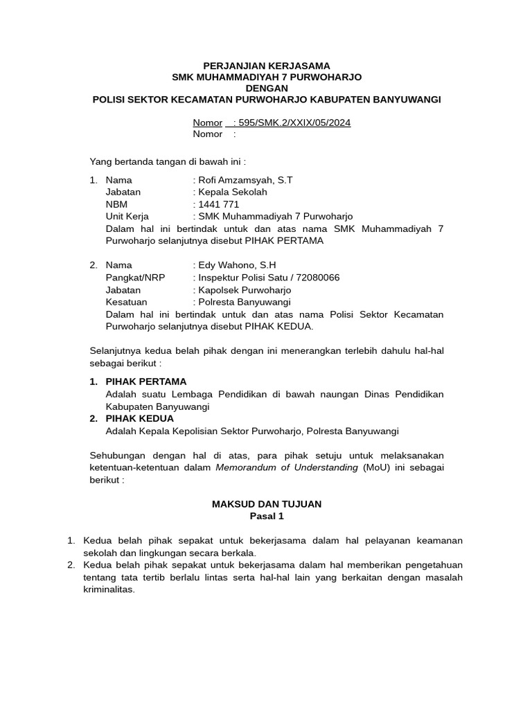Format Perjanjian Kerjasama (Mou) | PDF | Law