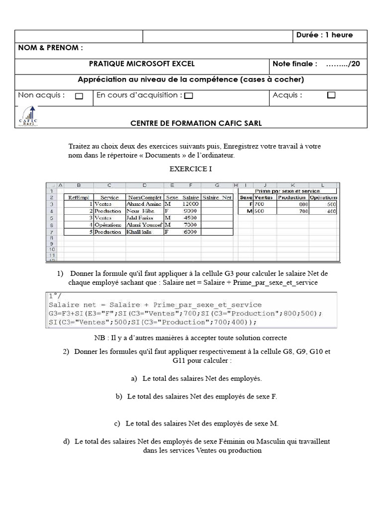 EXAMEN DE FIN DE FORMATION tp excel | PDF
