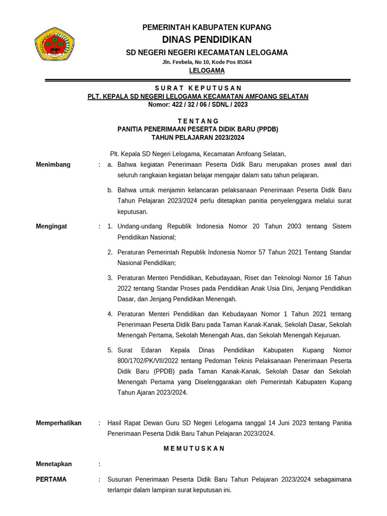 SK Panitia PPDB SD 2022-2023 (Panduanmengajar - Com) | PDF