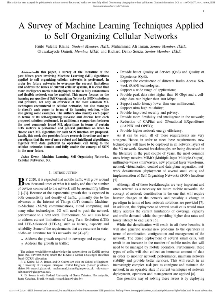 A Survey of Machine Learning Techniques Applied To Self-Organizing Cellular Networks | PDF