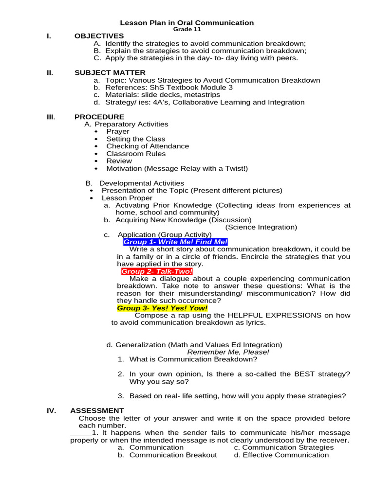 Lesson Plan in Oral Communication COT12021 | PDF