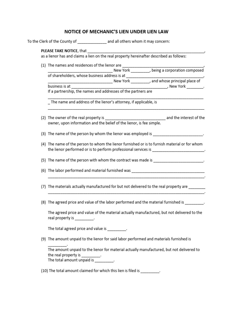 Notice of Mechanics Lien Under Lien Law Ny | PDF