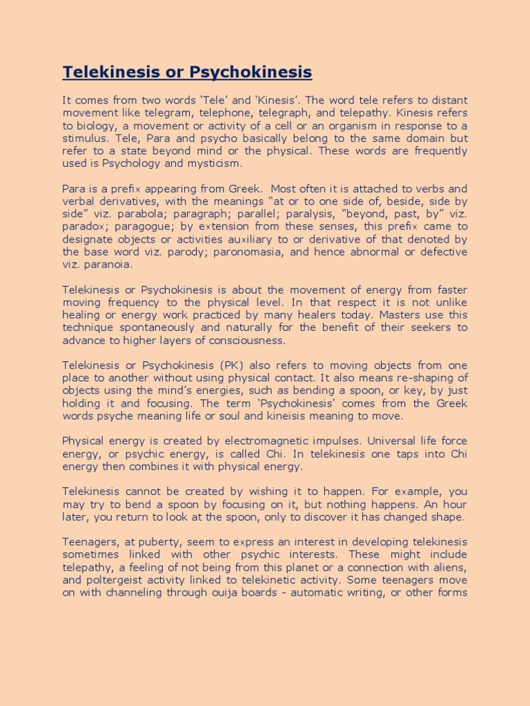 Telekinesis or Psycho Kine Sis | PDF | Parapsychology | Fringe Science