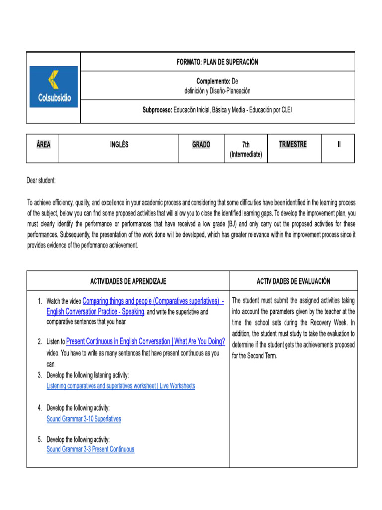 7th Grade (Intermediate) Improvement Plan - 2nd Term 2024.docx - 7th ...