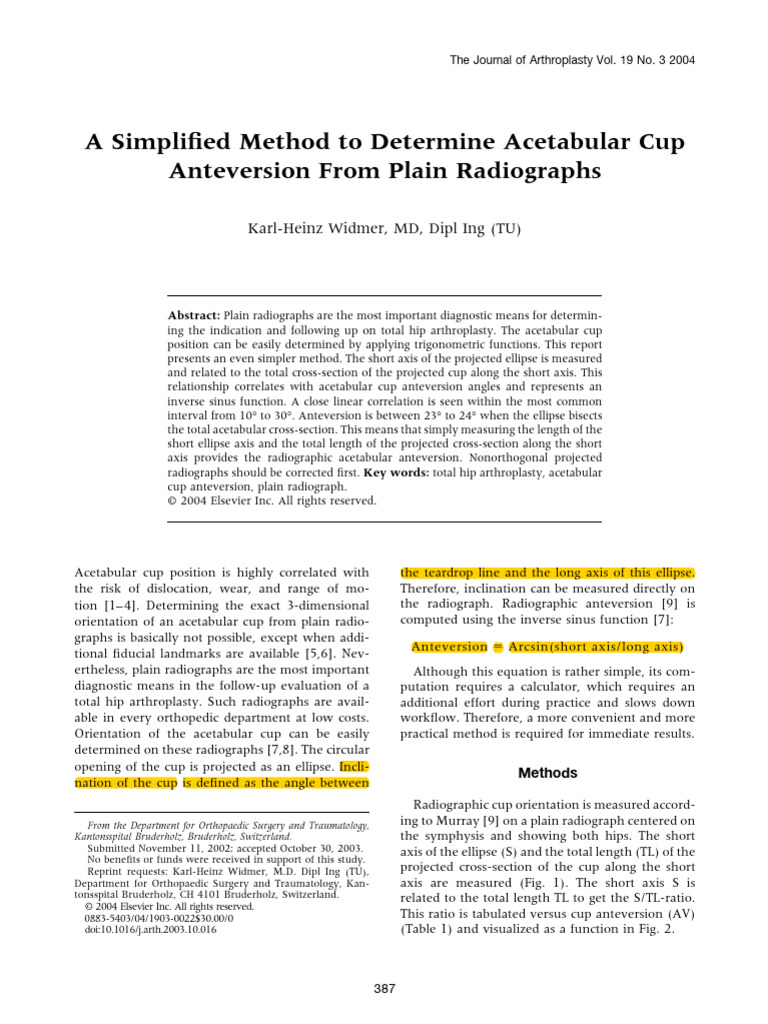 Simplified Acetabular Anteversion Method | PDF | Ellipse | Teaching ...