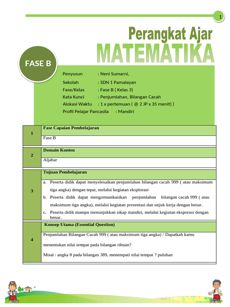 Modul Ajar Matematika - Penjumlahan, Bilangan Cacah - Fase B | PDF