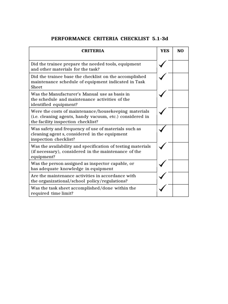 MVB-PERFORMANCE CRITERIA CHECKLIST 5.1-3d | PDF