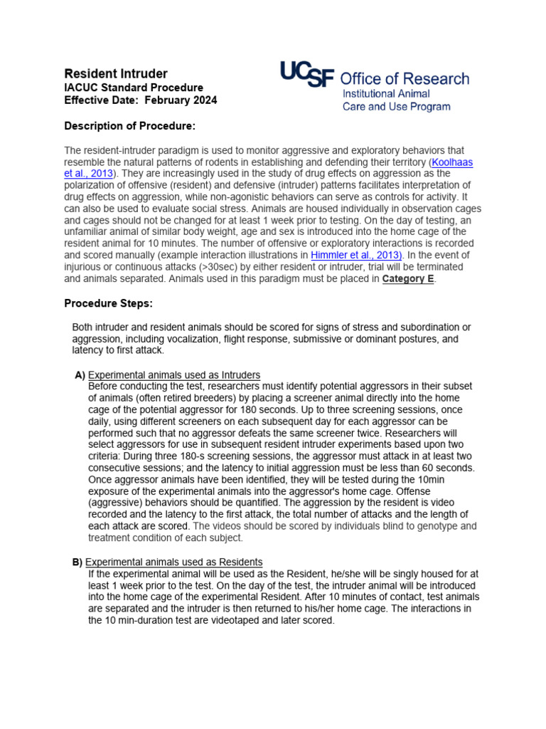 STD PROCEDURE - Behavior - Resident Intruder | PDF