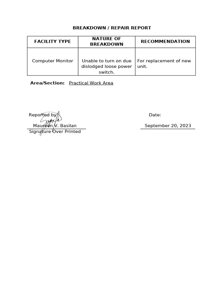 MVB-BREAKDOWN or REPAIR REPORT | PDF