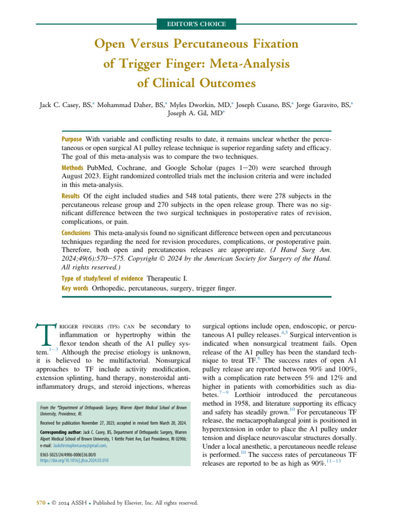 Open Versus Percutaneous Fixation Oftrigger Finger Meta-Analysis of ...