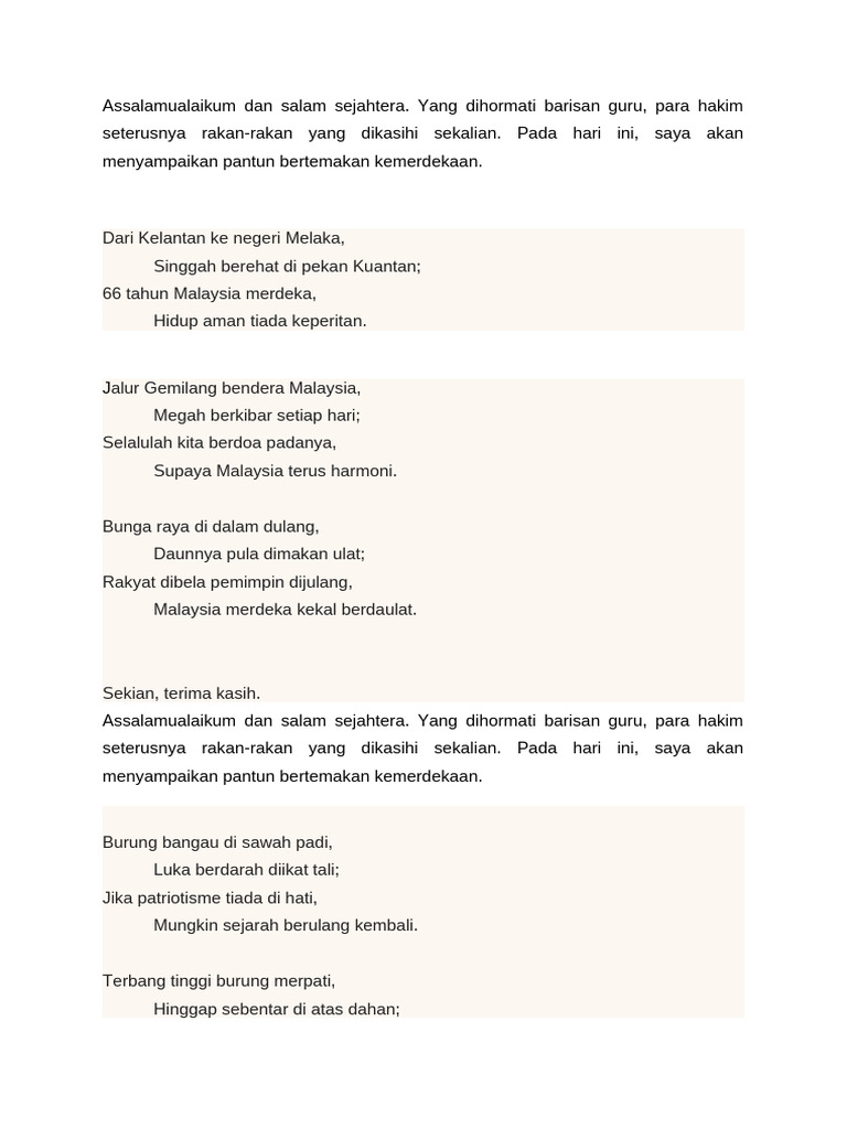 Pantun Kemerdekaan Tahun 2 | PDF