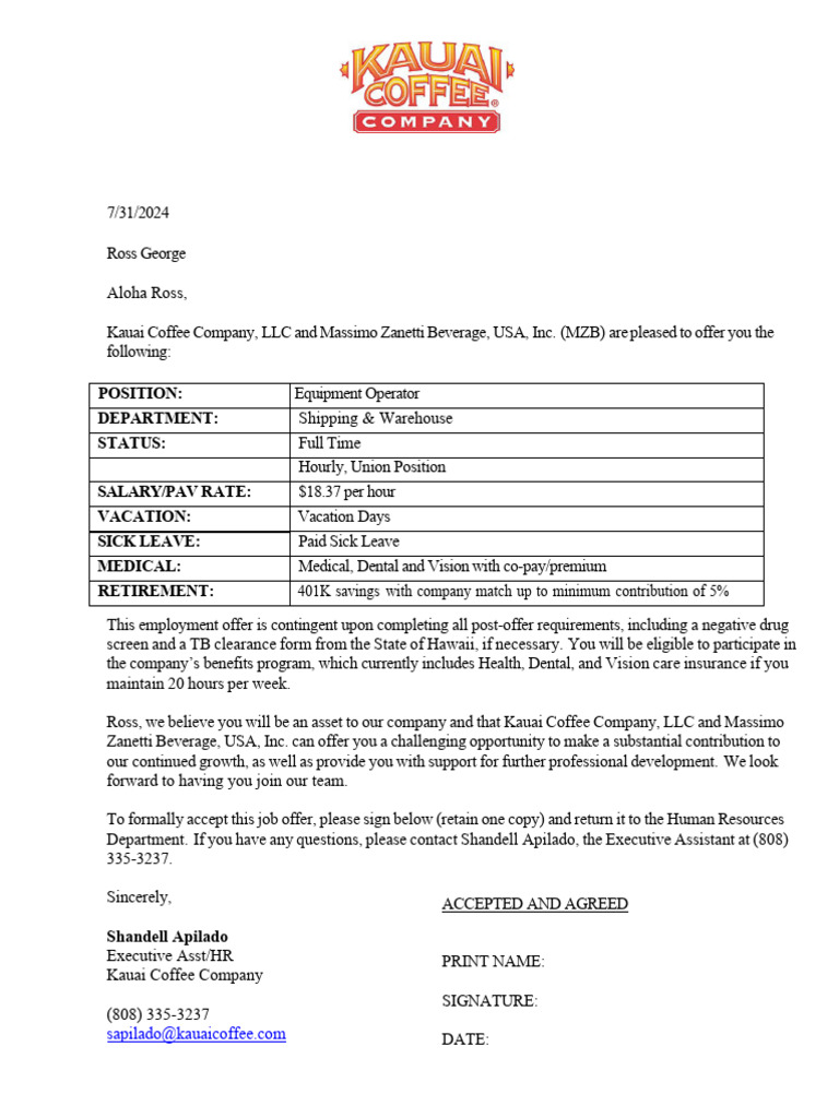 Offer Letter - Ross George | PDF