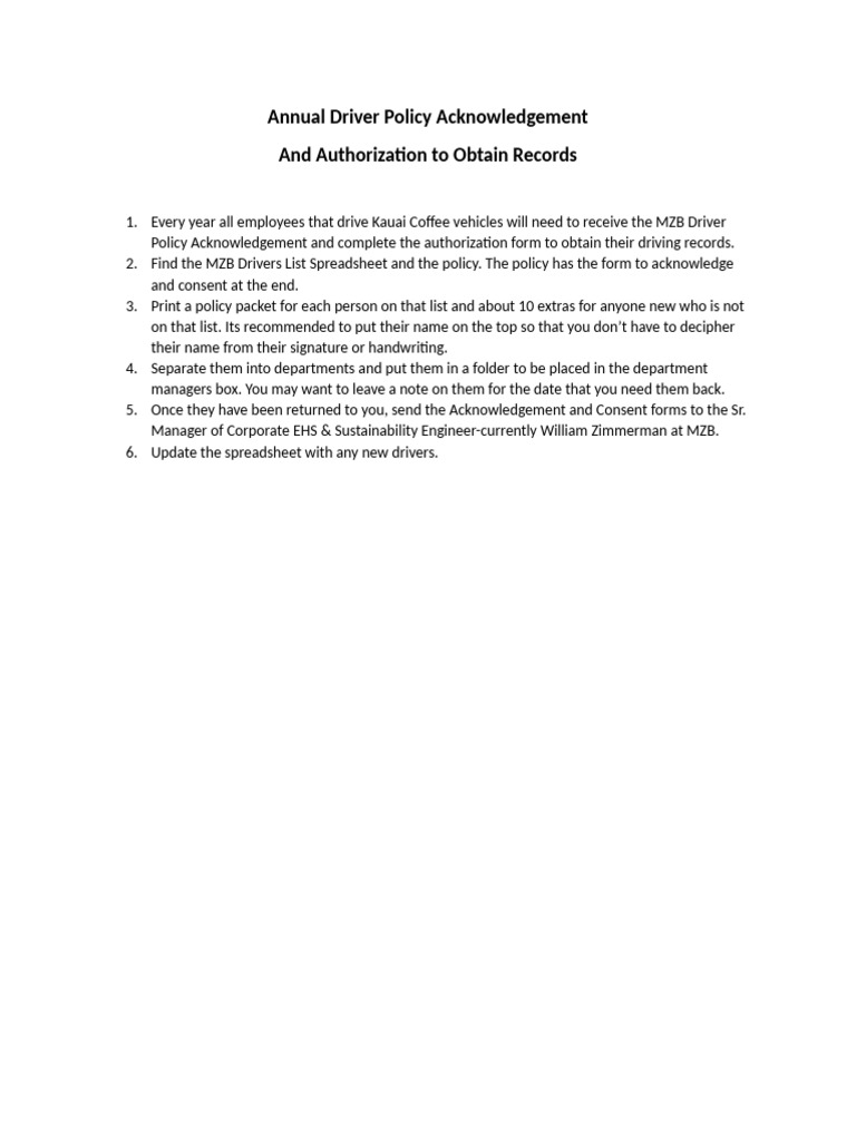 Annual Driver Policy Acknowledgement Process | PDF