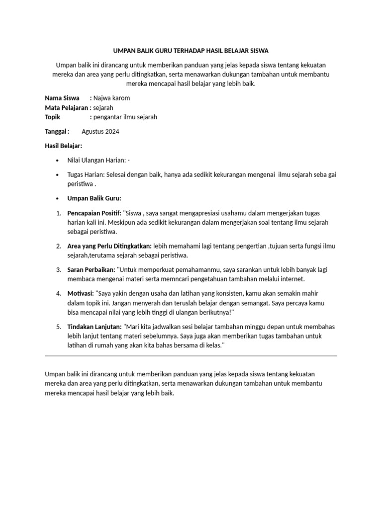4 Contoh Umpan Balik Guru Terhadap Hasil Belajar Siswa | PDF