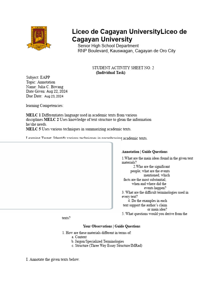 Julia Biwang - Activity 1 - Annotation | PDF