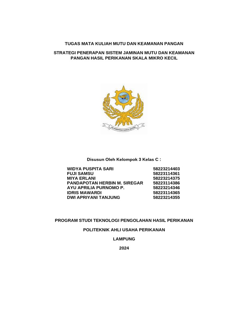 Tugas Mata Kuliah Mutu Dan Keamanan Pangan Kelompok 3 TPH-C | PDF