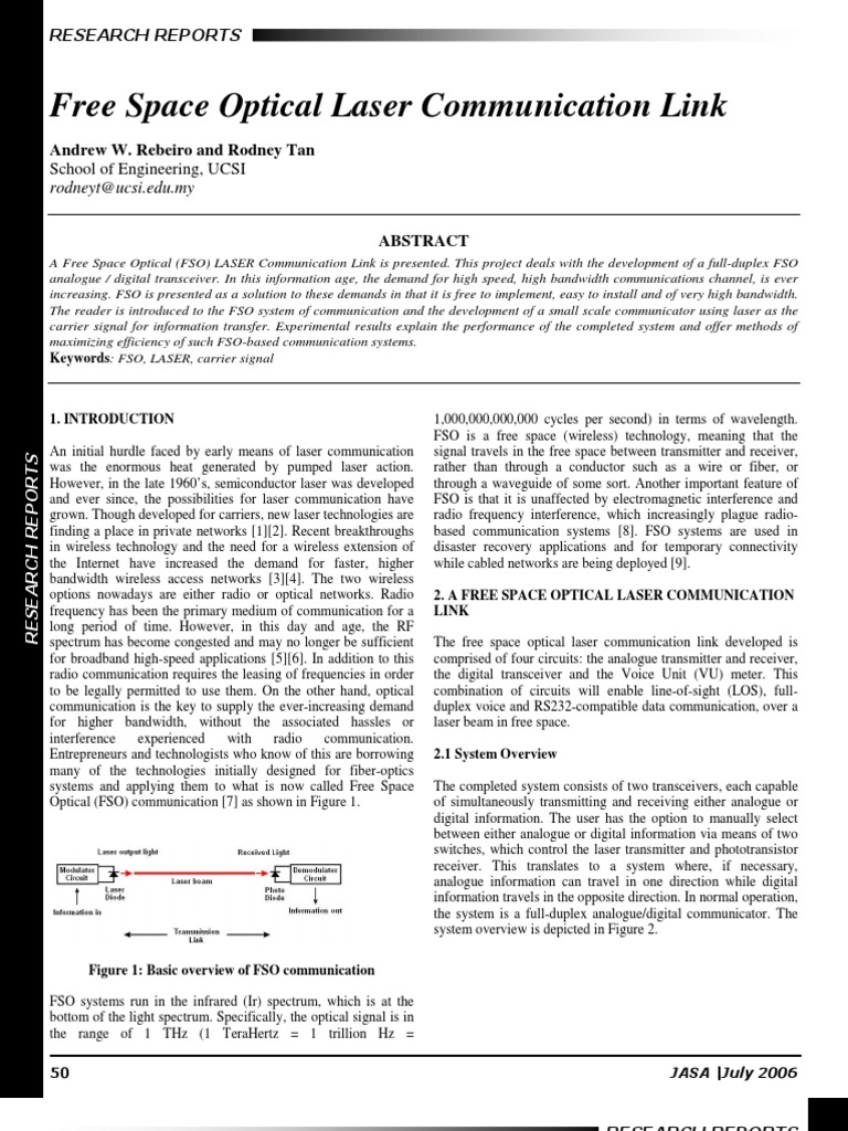 Free Space Optical Laser Communication | PDF | Telecommunication | Laser