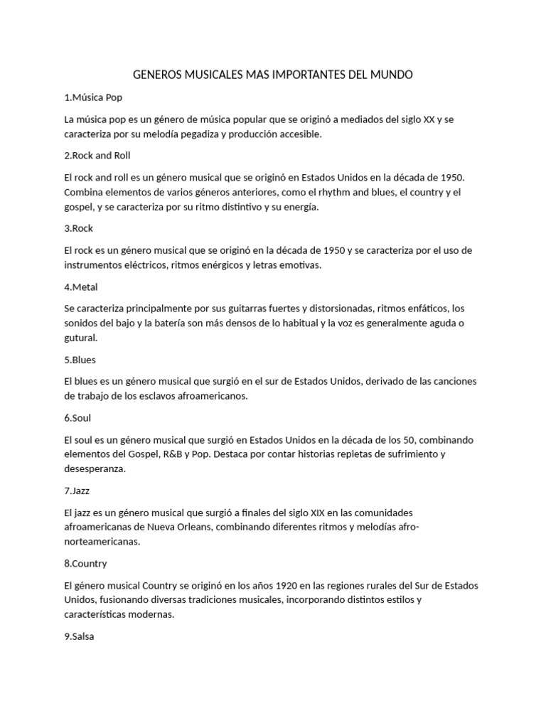Generos Musicales Mas Importantes Del Mundo | PDF