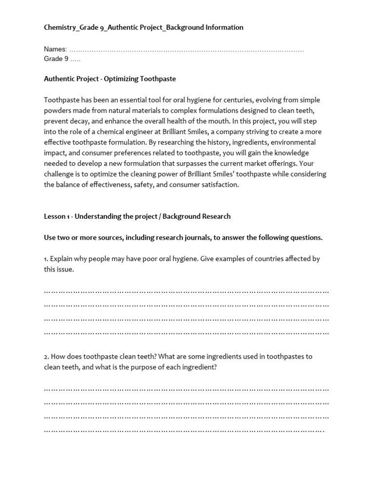 Authentic Project - Optimizing Toothpaste - Lesson 1 | PDF
