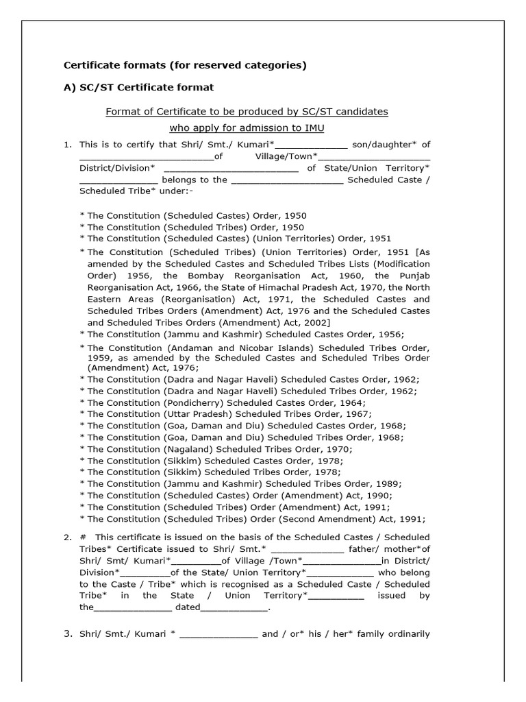 Reserved Category Certificate Formats (SC, ST, OBC-NCL, GEN-EWS) | PDF