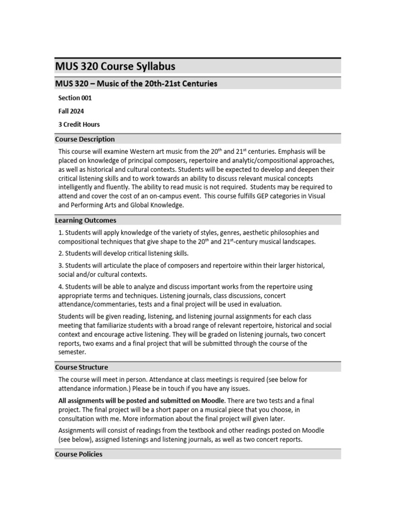 MUS - 320 - Syllabus F24 | PDF