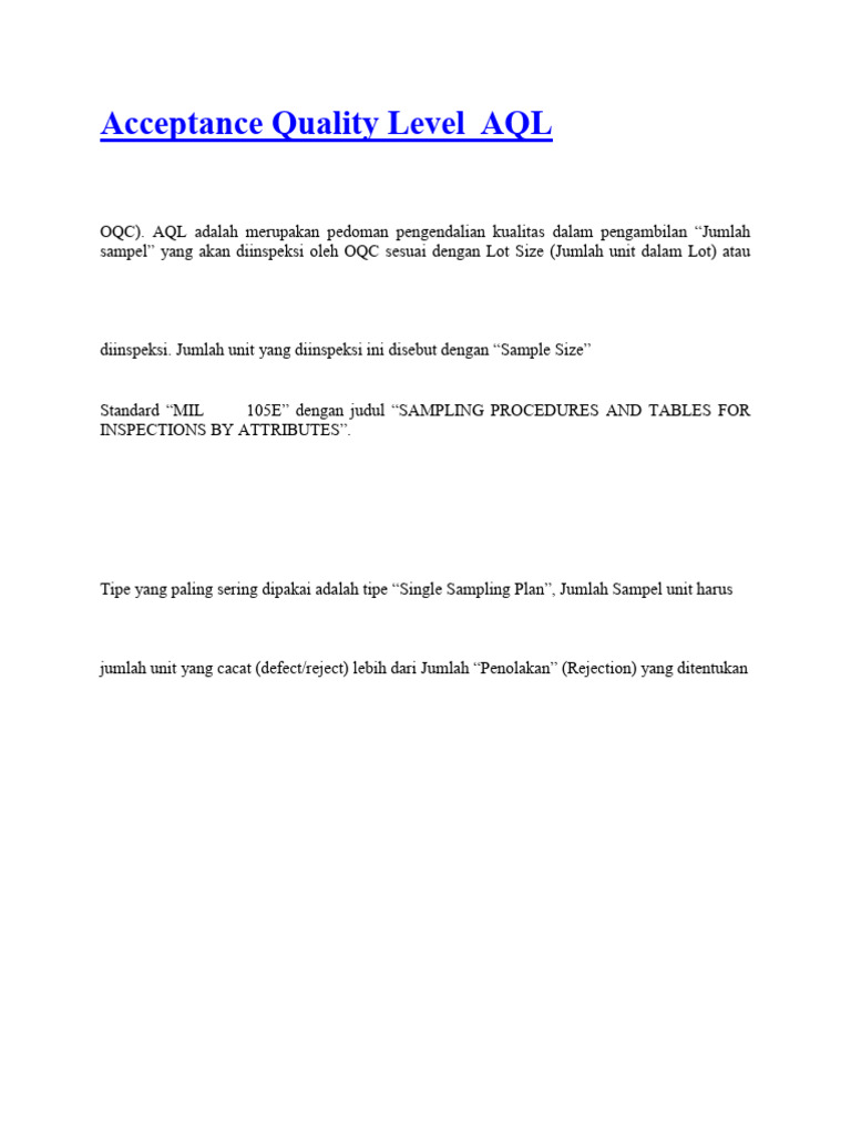 Acceptance Quality Level AQL | PDF