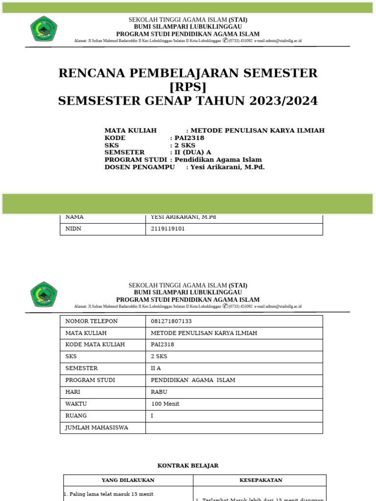 RPS Metode Penulisan Karya Ilmiah Genap. 2023-2024 | PDF