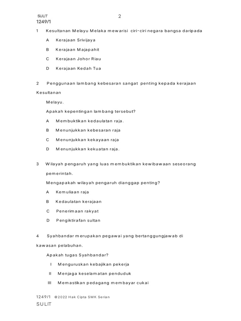 Soalan Objektif Sejarah Tingkatan 4 - SMK Serian | PDF