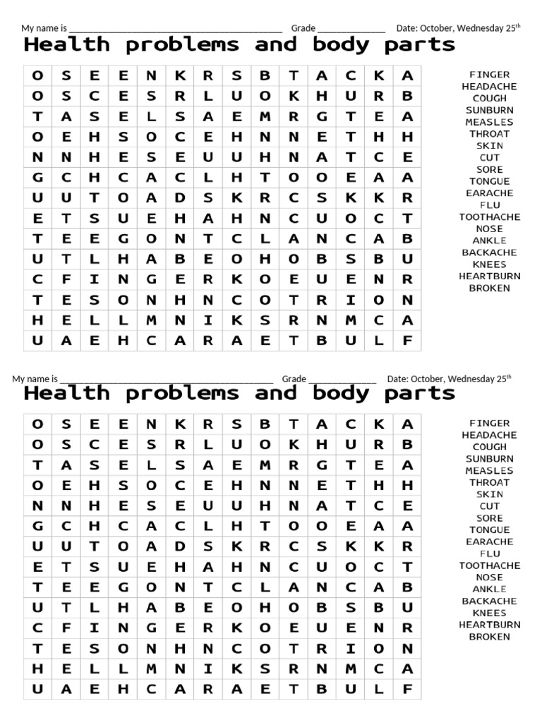 Health Problems and Body Parts Word Search | PDF