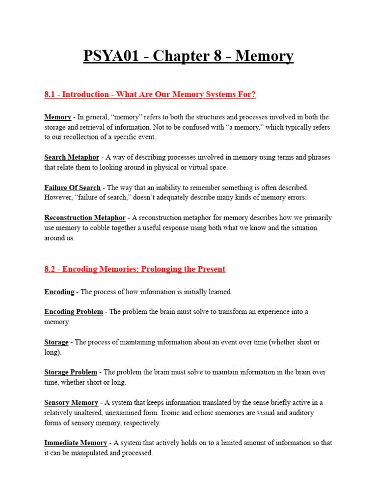 PSYA01 - Chapter 8 - Memory | PDF