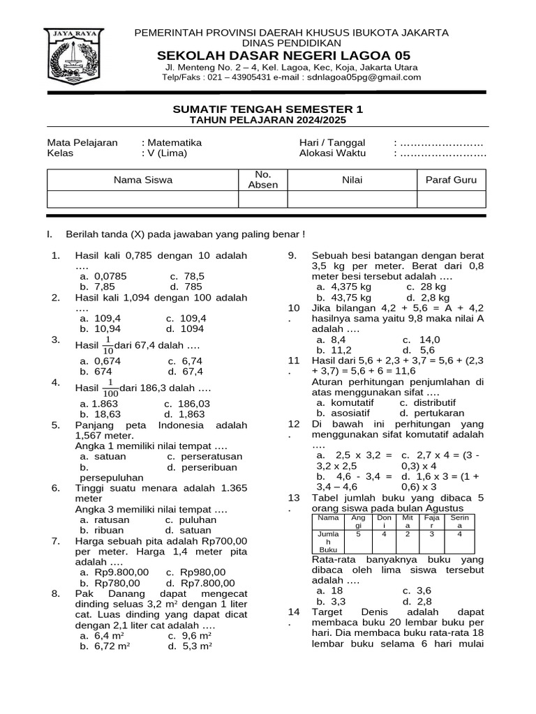Soal STS 1 MTK - KLS 5 2024-2025 | PDF