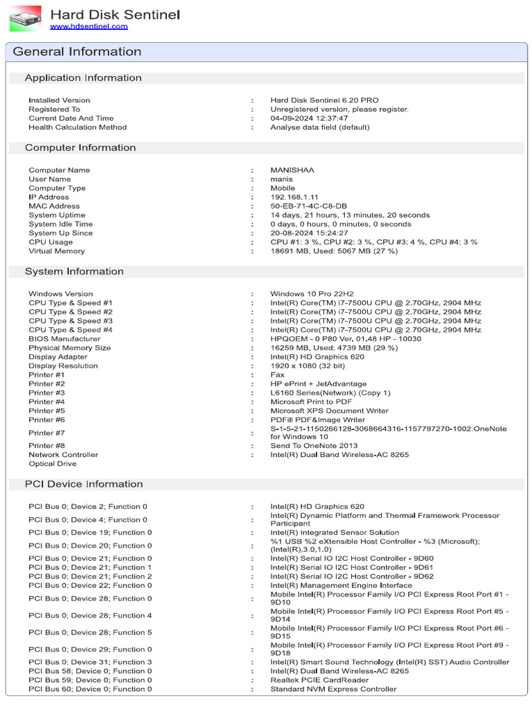Hard Disk Sentinel Report DT 4 Sept 2024 | PDF