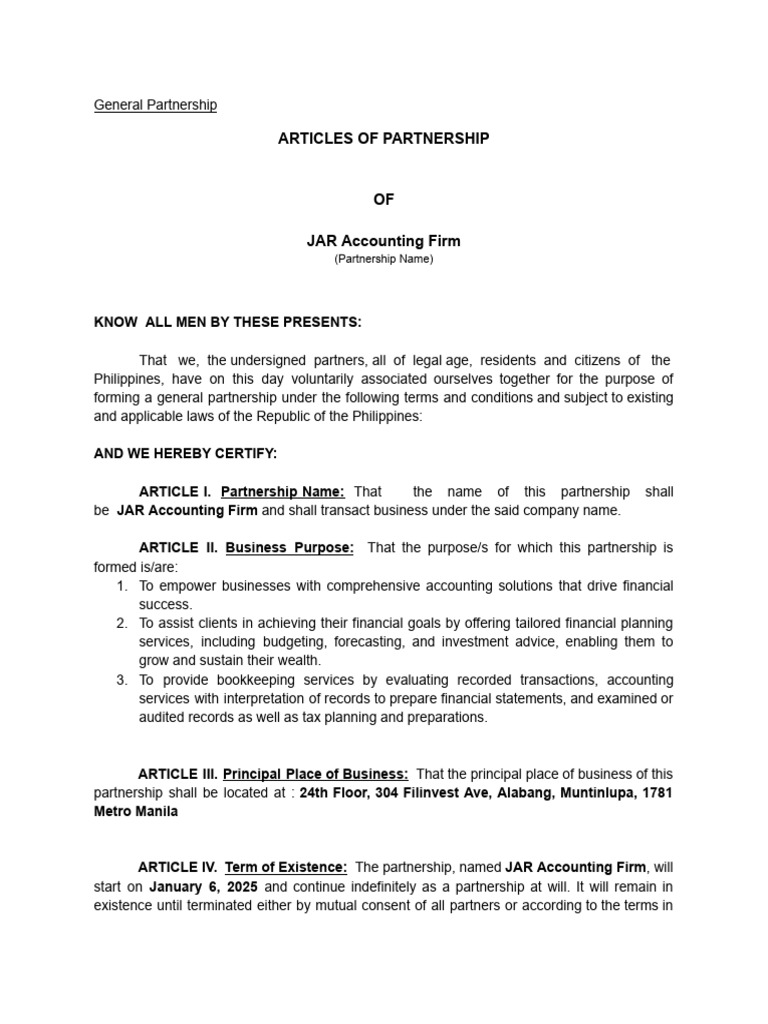 Articles of Partnership For General Partnerships | PDF