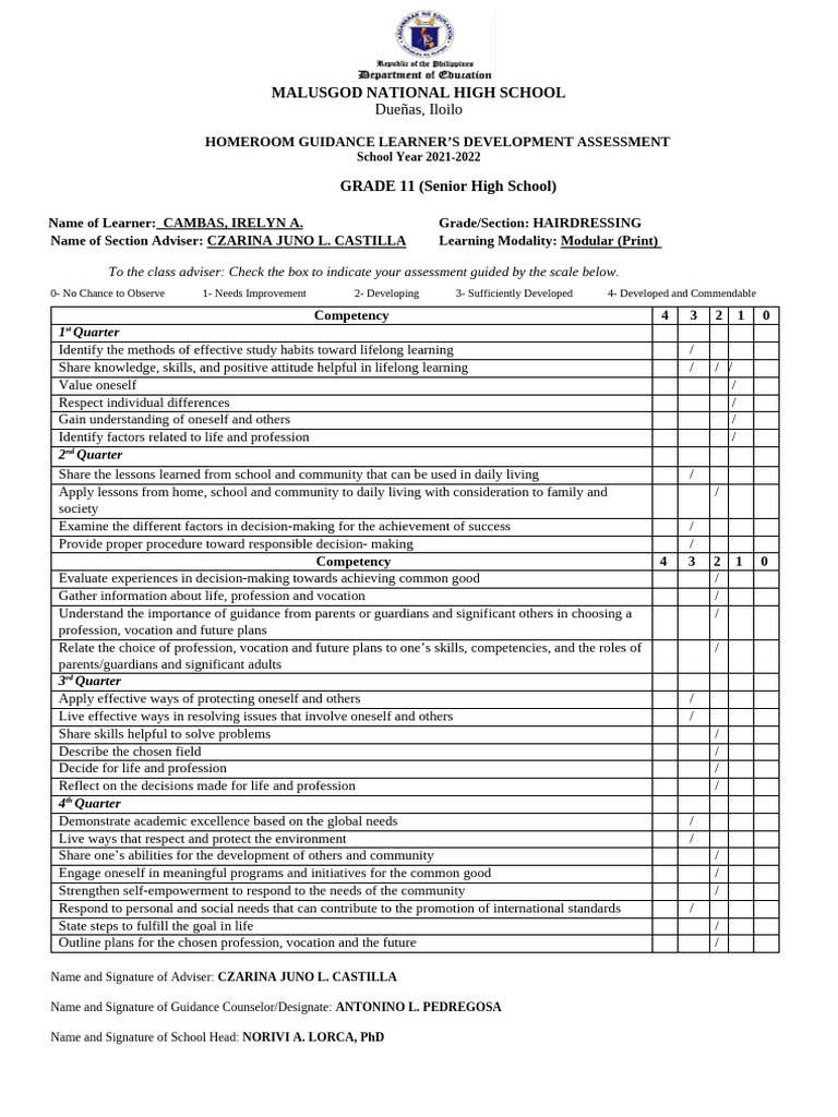 HOMEROOM GUIDANCE LEARNER'S DEVELOPMENT ASSESSMENT (Grades 11-12) | PDF