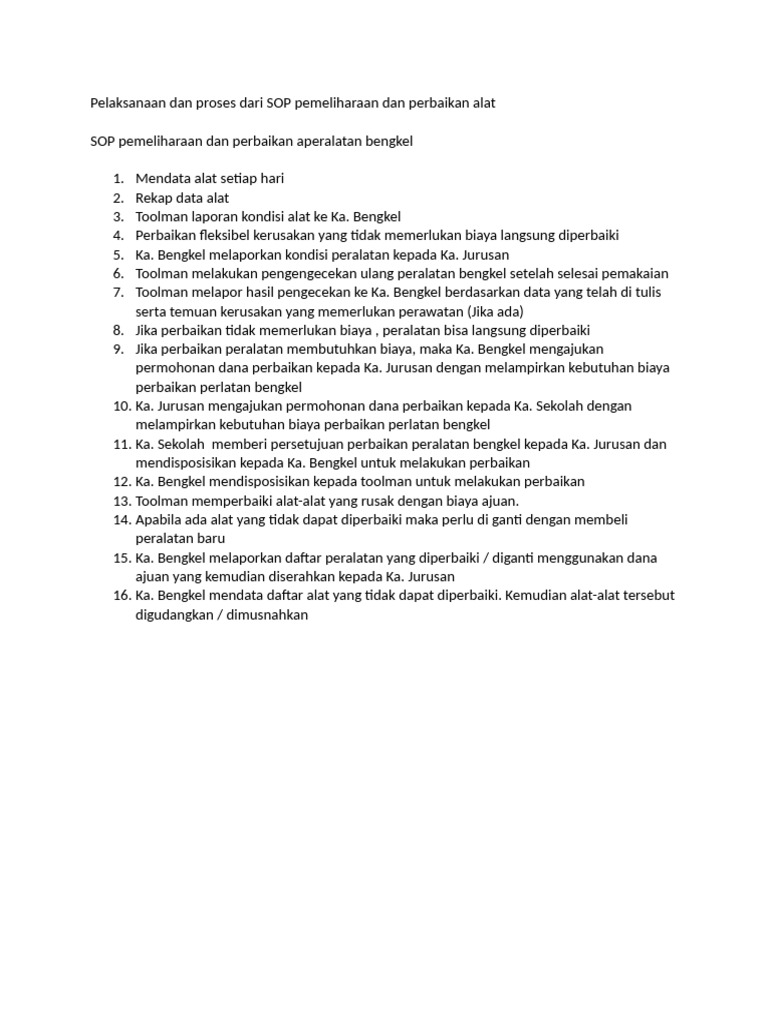 Pelaksanaan Dan Proses Dari SOP Pemeliharaan Dan Perbaikan Alat | PDF