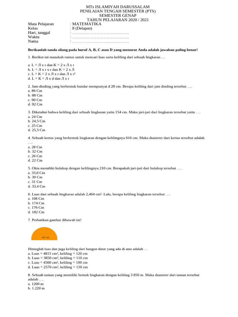 Soal Pts MTK Kelas 8 | PDF
