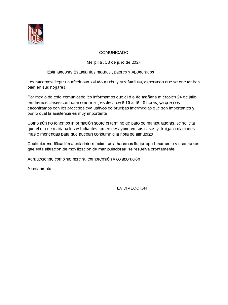 Comunicado Clases Horario Completo | PDF