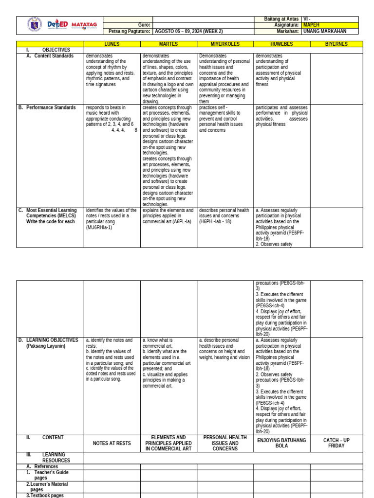 G6 Q1W2 DLL MAPEH (MELCs) | PDF