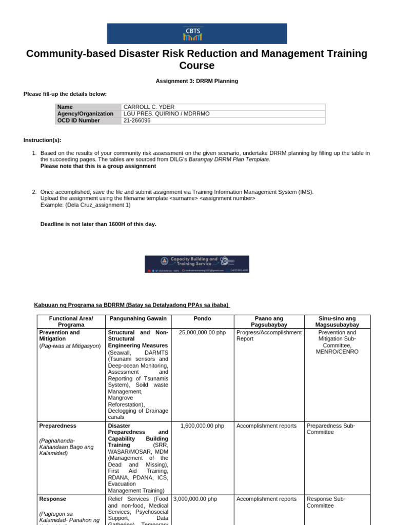 YDER - Assignment 3 DRRM Planning | PDF