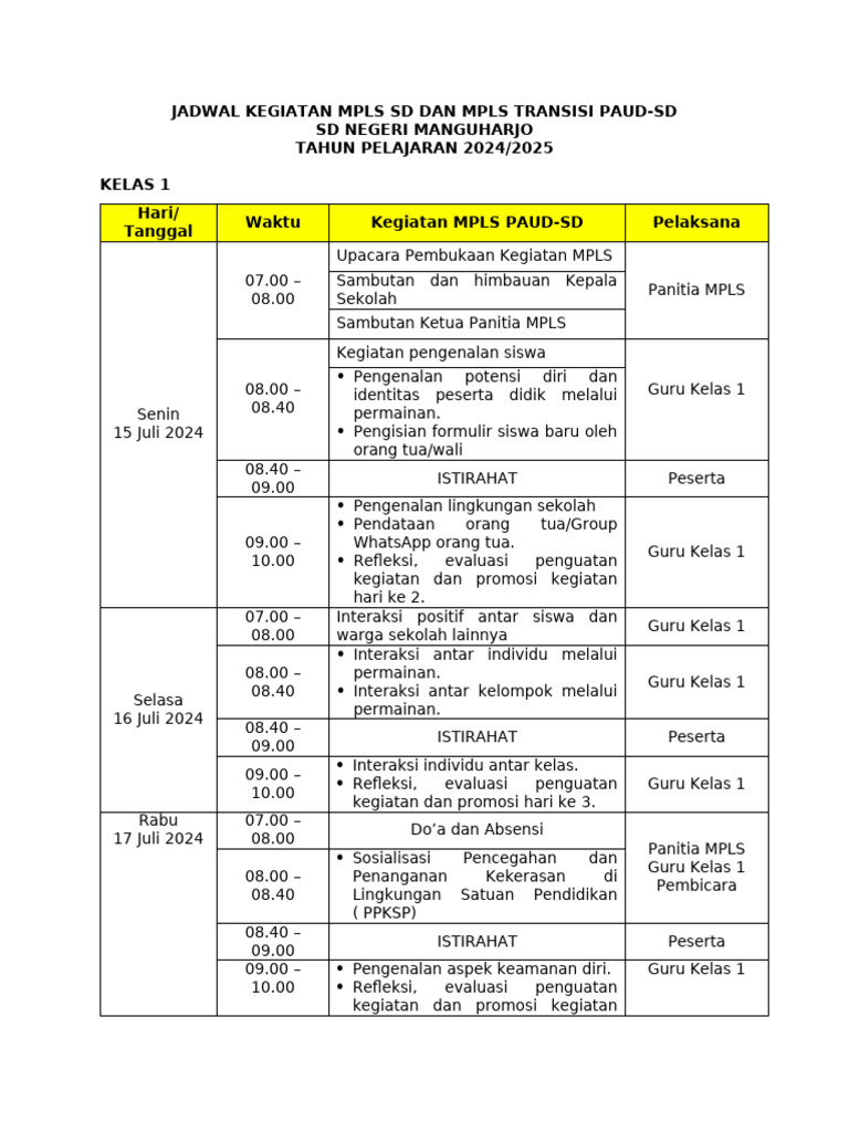 Jadwal Kegiatan MPLS 2024 | PDF