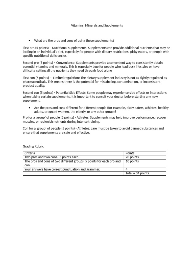 Vitamins, Minerals and Supplements Student Worksheet | PDF