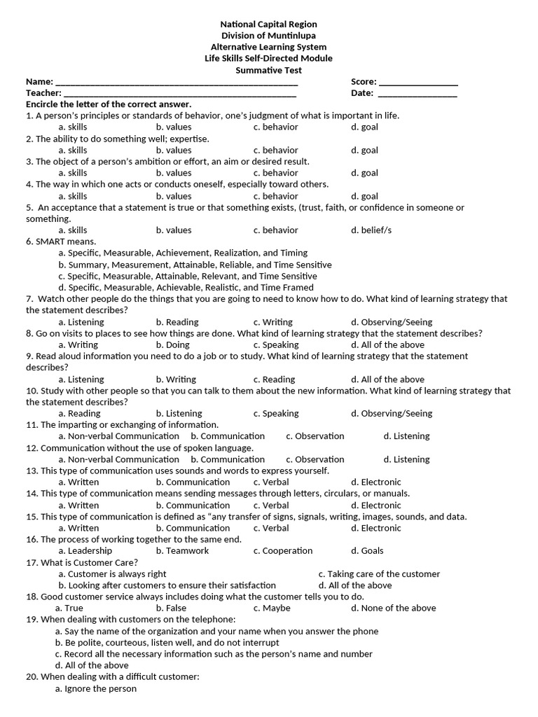 Summative Test Life Skills Module 1 6 With KTC | PDF
