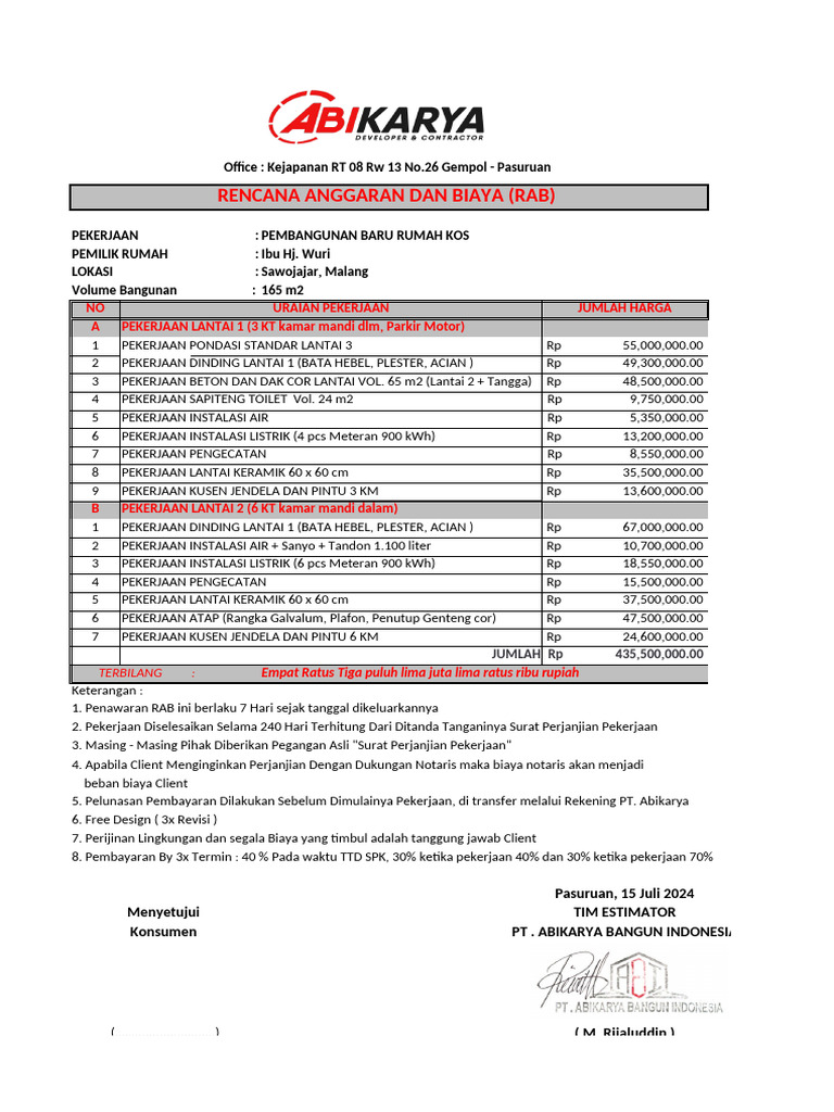 Rab Rekap PT - Abikarya Ibu Wuri Rukos 2 LT | PDF