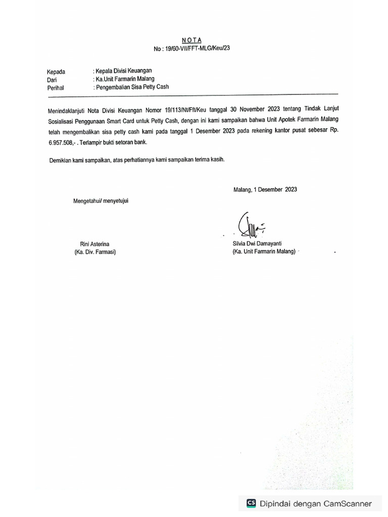 Contoh Nota Pengembalian Sisa Petty Cash Pdf