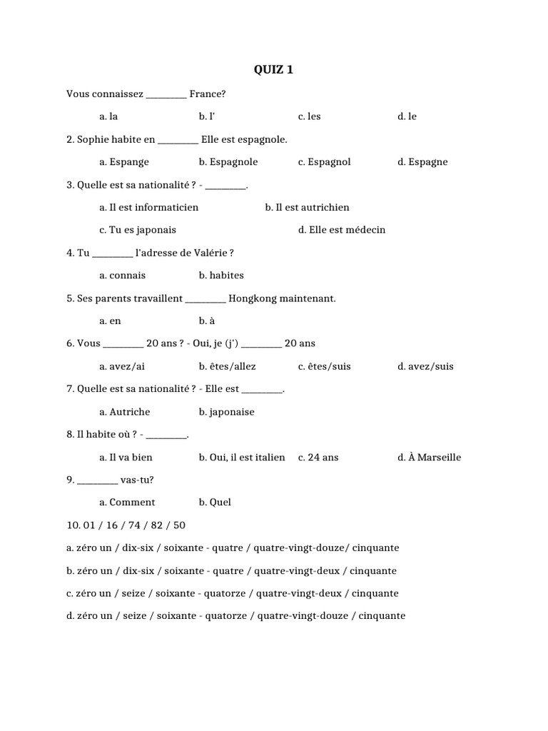 French A1 Quiz | PDF